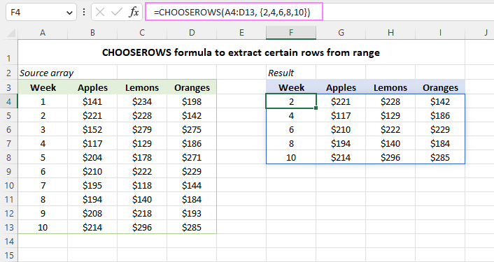 Excel CHOOSEROWS Function To Extract Certain Rows From Array