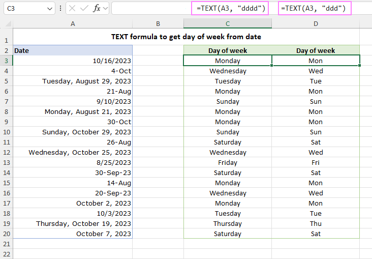 Days Of Week Formula In Excel To Get Day Names Or Numbers From Date