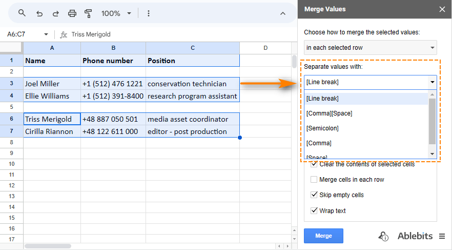 Merge cells in Google Sheets without losing data