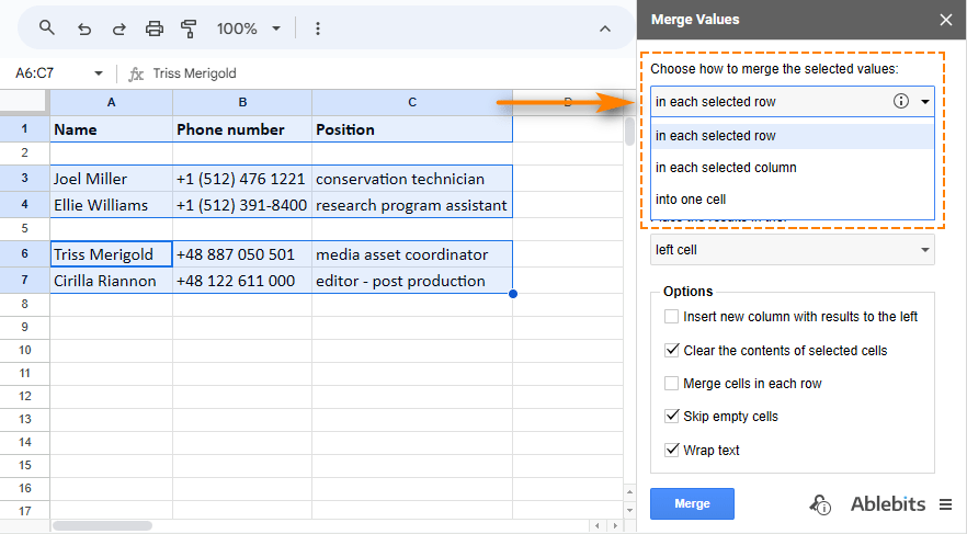 Merge cells in Google Sheets without losing data