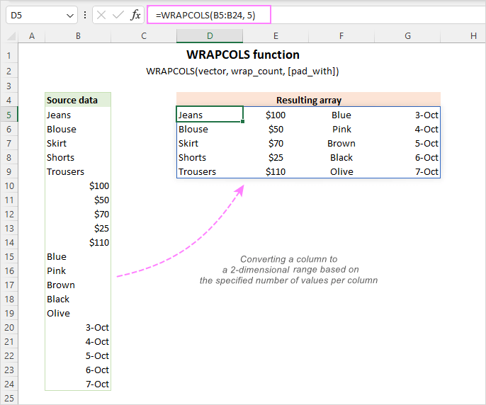 Convert Column Row To Array In Excel WRAPCOLS WRAPROWS Functions