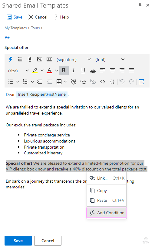 How to insert part of Outlook email template by condition