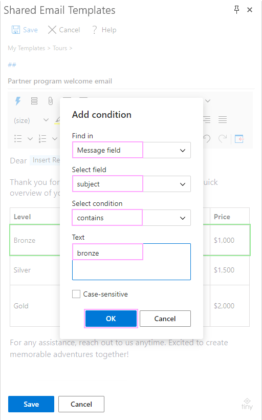 How to insert part of Outlook email template by condition