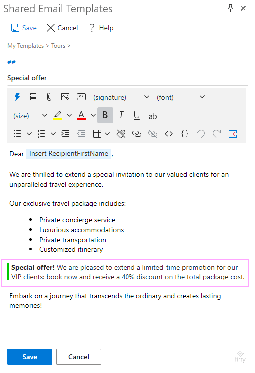 How to insert part of Outlook email template by condition