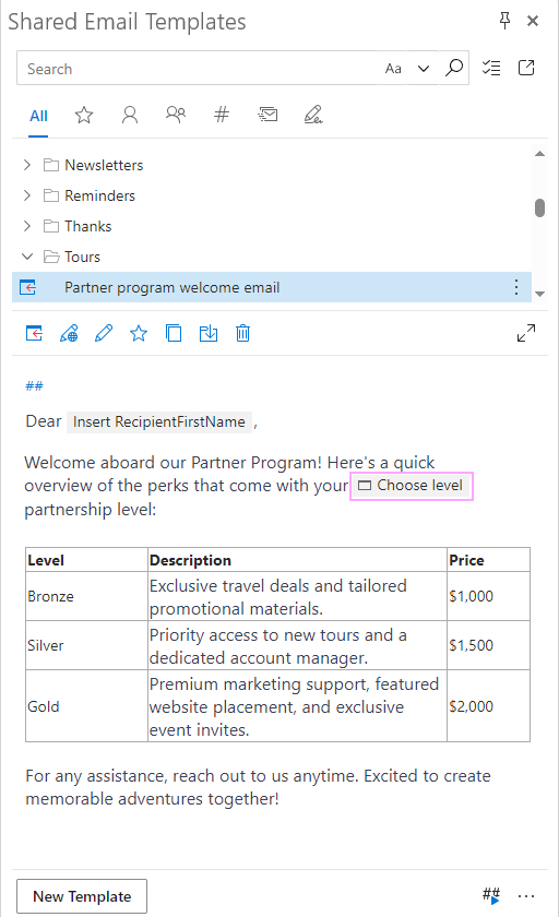 How to insert part of Outlook email template by condition
