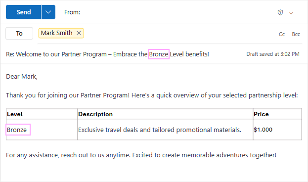 How to insert part of Outlook email template by condition