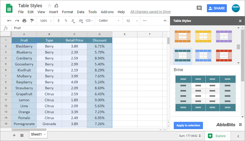 Table Styles Add on For Google Sheets