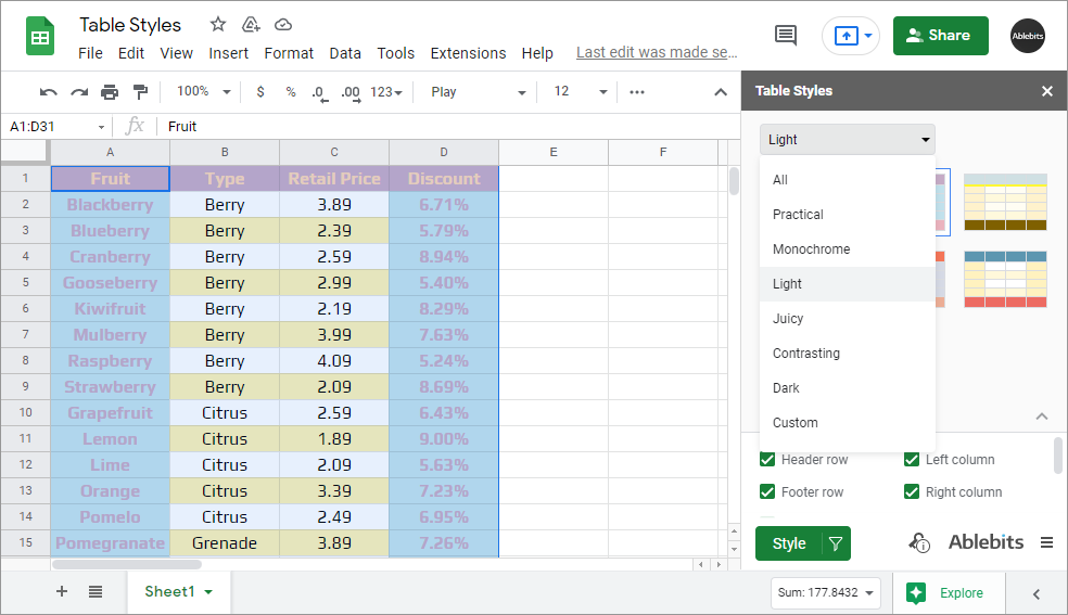 Table Styles add-on for Google Sheets