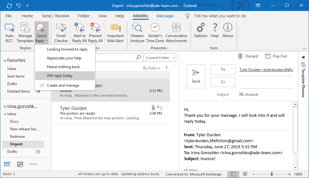 Quick Reply Add in For Instant Replies In Outlook